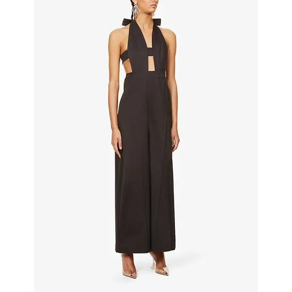 Amy Lynn Plunge-Neck Wide-Leg Woven Jumpsuit - Charcoal Black